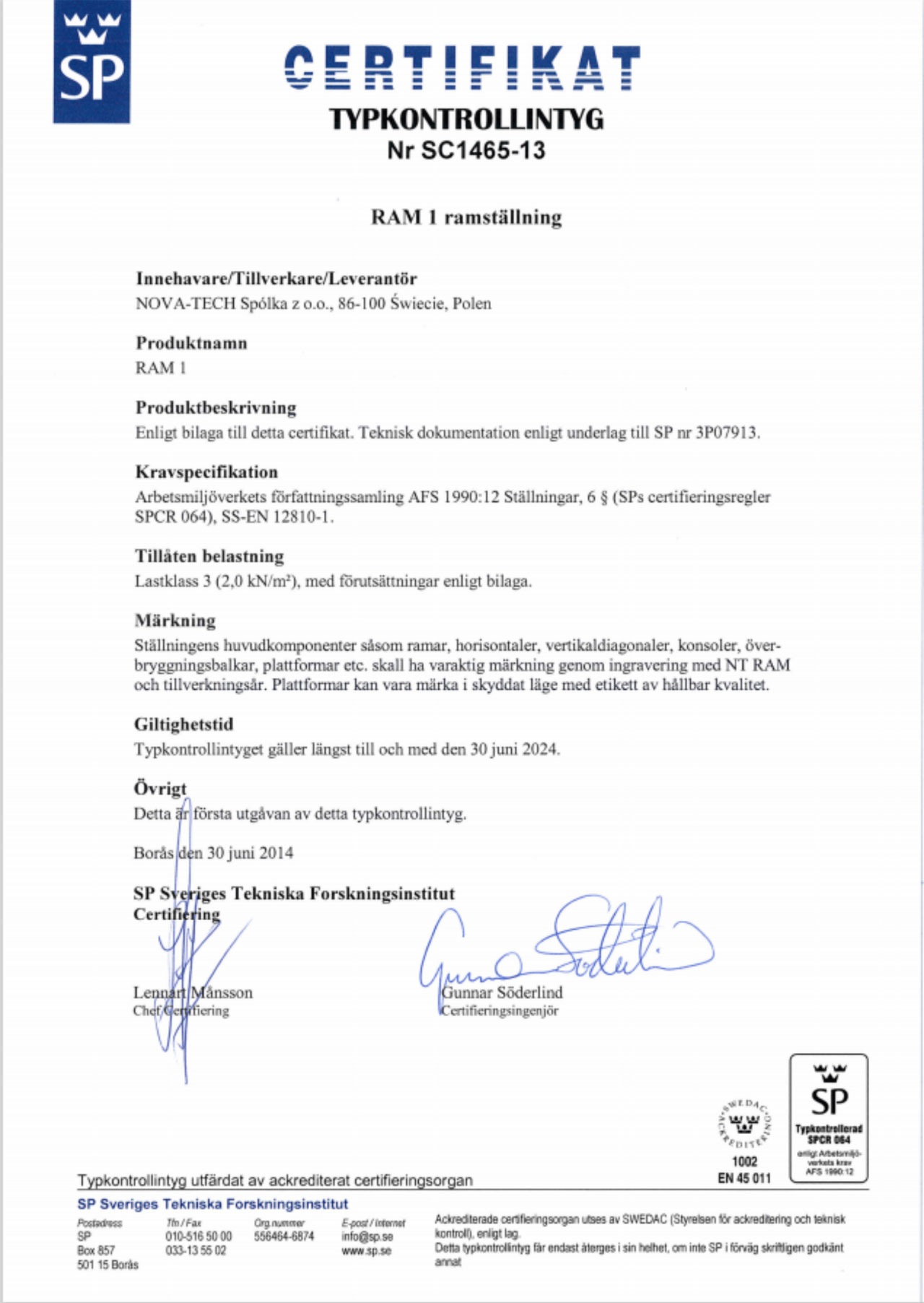 Swedish SP certificate - Telinemyynti